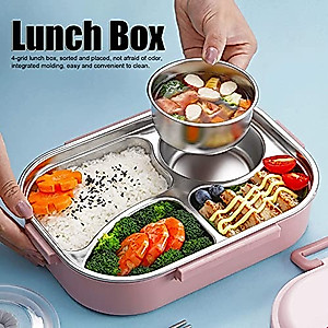 Raviga Stainless Steel Lunch Box 4 Compartments Portable Bento Box for Kids Student or Adult Food Storage Containers with Lids Airtight Soup Bowl And Tableware Large Capacity 50-oz(Pink)