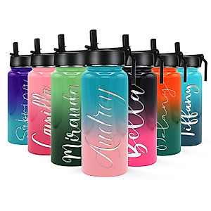 Personalized Water Bottle with Straw Lid on Cotton Candy Ombre for Gym Engraved Custom Women Name 32 oz Modern Insulated Stainless