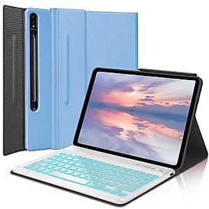 Samsung Galaxy Tab S7 FE/S8 Plus/S7 Plus Case with Keyboard 12.4 Inch - Smart Folio Case with S Pen Holder, 7 Colors Backlight Detachable Wireless Keyboard for Tab S7 FE 2021/S8+ 2022/S7+ 2020, Blue