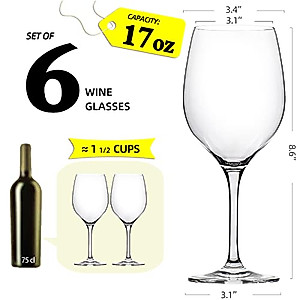 FAWLES Crystal Red Wine Glasses Set of 6, 17 Ounce Thin Rim Classic Rounded Bowl Stemmed All-purpose Wine Glass Set, Housewarming/Anniversary/Wine Gift Set