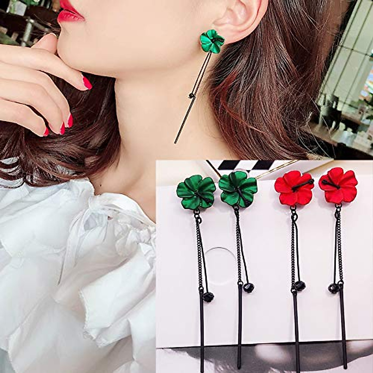 Trendy Red Green Poppy Flower Black Long Line Bar alloy Tassel Earrings for Women Charm Drop Dangle Earring Jewelry (Red)