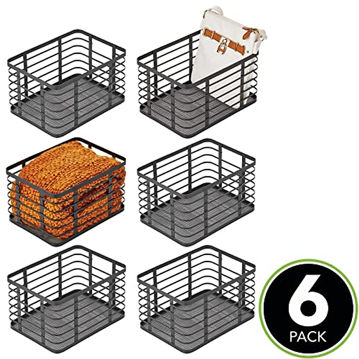 mDesign Metal Steel Wire Storage Basket Bin w/Built-in Handle, Open Top Industrial Design for Closet, Shelf Organization; Organize Clothes, Accessories, Carson Collection - 6 Pack - Matte Black