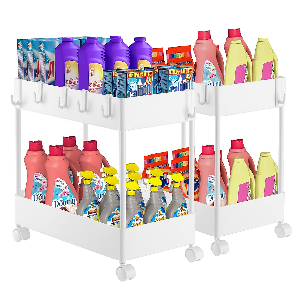 zpose Under Sink Organizers and Storage,2 Tier Undersink Organizers Kitchen, Multi-purpose Bathroom Cabinet Organizer with Hooks Wheels,Under Sink Storage White 2 Piece