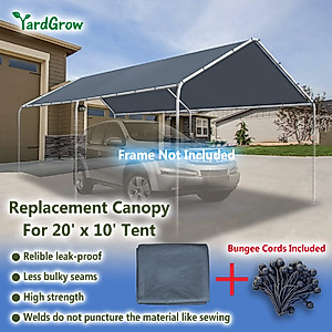 YardGrow 10x20ft Outdoor Carport Replacement Canopy Cover for Tent Car Shelter Top Tarp Cover w/Bungees, Carport Canopy Top Replacement Cover ONLY (Grey)