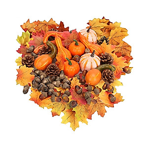 70PCS Fall Decor Artificial Pumpkins for Decorating, Foam Pumpkin Decor for Harvest Halloween Thanksgiving, Faux Pumpkin Decorations Set with 8 Fake Pumpkins+ 2 Pinecones+ 10 Pinecones+50 Fall Leaves