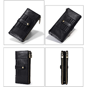 KELEEL Womens RFID Wallets Slim Cow Leather Large Capacity Bifold Purse Multi Card Case Wallet with Dual Zipper Pockets (Black)