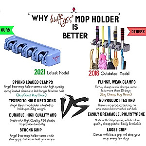 Angel Bear Mop Holder and Broom Holder, 4 Slot Position with 5 Hooks Garage Storage Holder Wall Mounted, Plastic, Multicolour, Standard