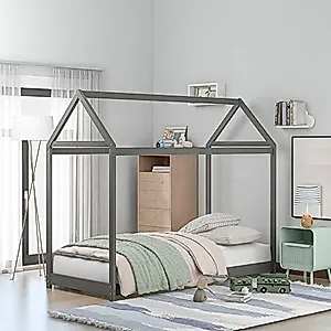 LIADTOP Twin Size Wooden House Bed,Wooden Twin Platform Bed Frame with Headboard and Footboard, Roof Design, for Toddlers Kids Boys Girls Teens,No Box Spring Needed,Grey(New)