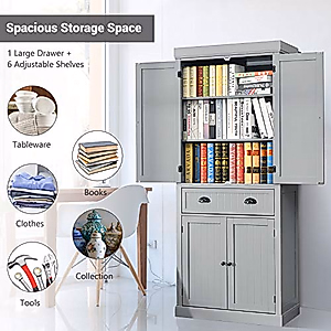 MAT EXPERT Kitchen Pantry Cupboard Cabinet, Freestanding Storage Cabinet w/Drawers & Adjustable Shelves, 4-Door Wooden Storage Organizer for Living Room/Kitchen/Bedroom (Gray)