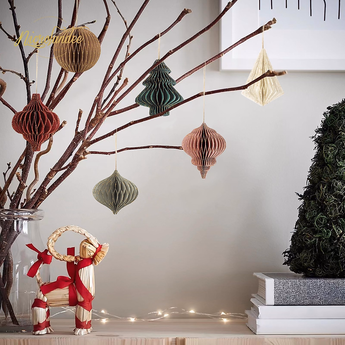 NICROLANDEE Christmas Party Decorations - 6 PCS 3D Mini Glitter Edge Paper Honeycomb Lantern Green, Red, Brown, Ivory, Gray Hanging Ornaments for Christmas Tree Décor, New Years Party, Home Decor