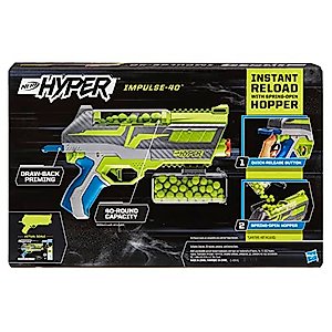 NERF Hyper Impulse-40 Blaster, 30 Nerf Hyper Rounds, Spring-Open Instant Reload Hopper, Up to 110 FPS Velocity, Eyewear Included
