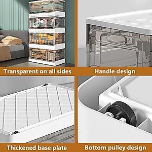 5 Pack Folding Storage Box, 17 Gal Stackable Plastic Storage Bins with Wheels, Toy Storage Box, Large Capacity Organization Collapsible Container for Home and Office Storage