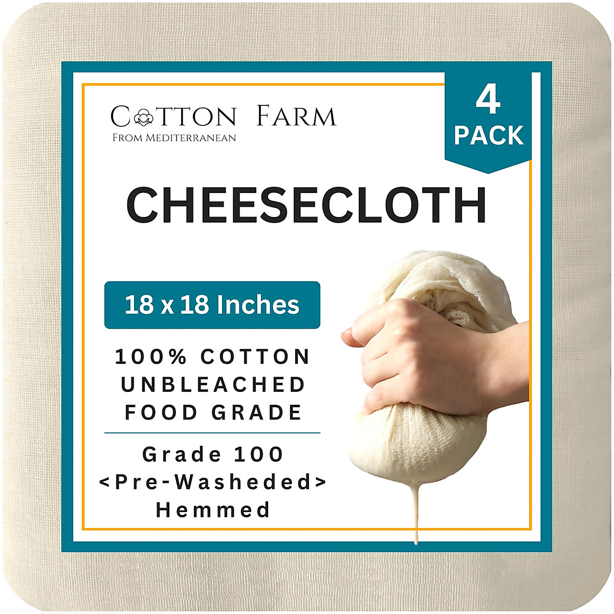 Cotton Farm Cheese Cloths, Grade 100 – 20x20 inch Hemmed, Unbleached, 100% Cotton, Ultra Fine Reusable Muslin Cheesecloth for Straining, Cooking, Baking,