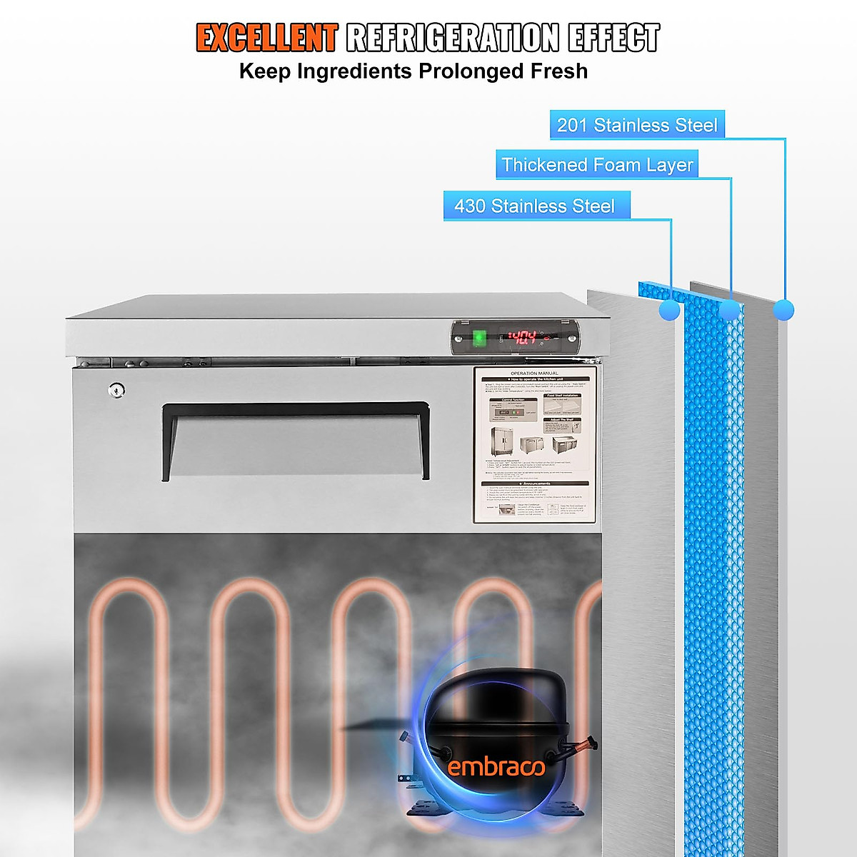 VEVOR Commercial Refrigerator, 28" Undercounter Worktop Refrigerator, 7.4 Cu. Ft Thick Stainless Steel Refrigerated Food Prep Station Fan Cooling Single Door Worktop Fridge with lock for Bar