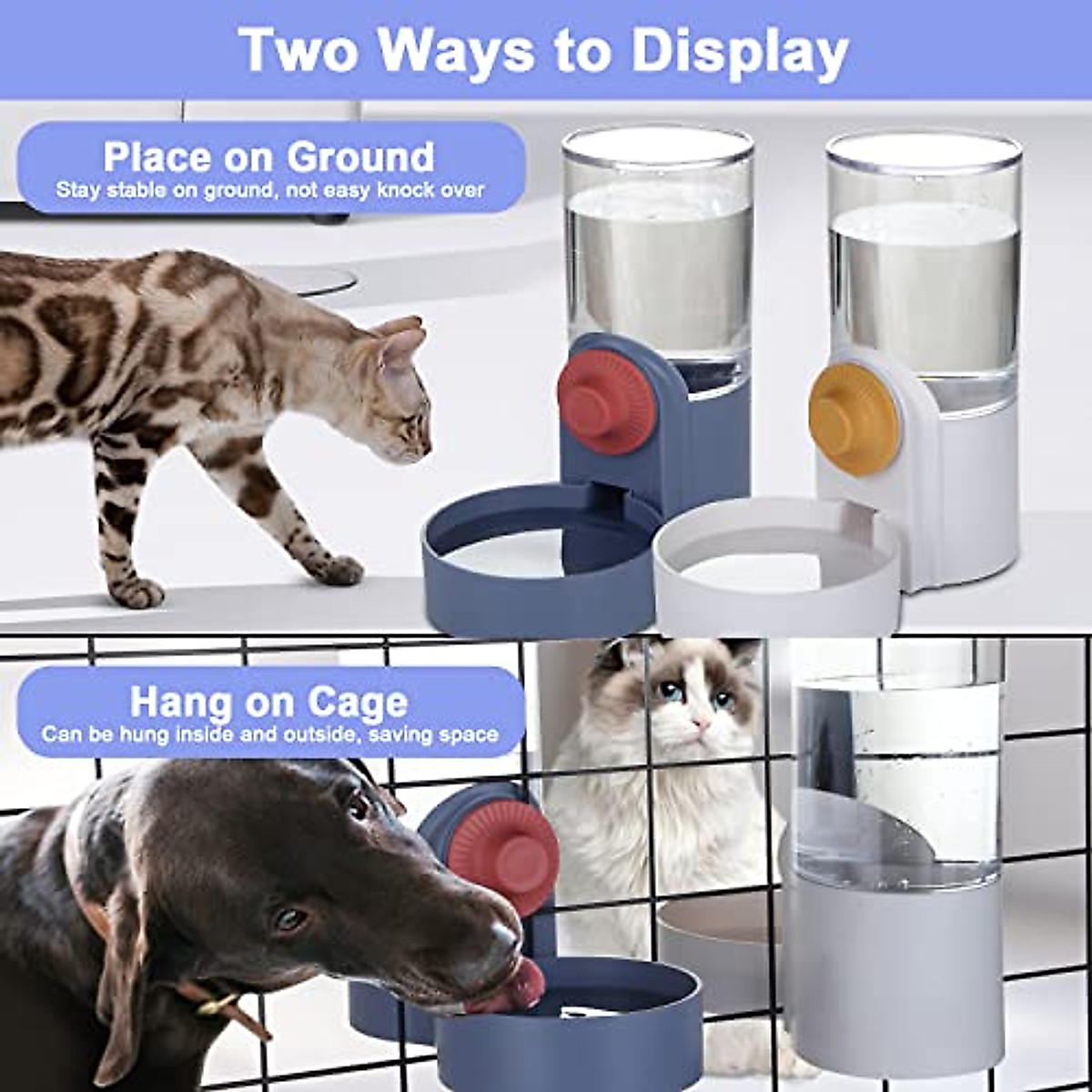 Automatic Food Feeder Water Dispenser, Removable Cage Hanging Food Water Bowl Bottle for Pet Dog Cat, Gravity Auto Food Feeder Waterer for Small Animals, Cat, Rabbit, Bird, Puppy (Waterer, Blue)