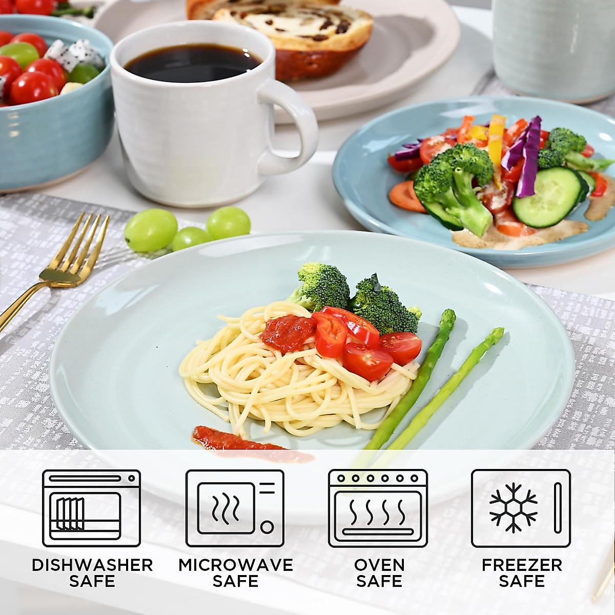 Ollieroo 16 Pieces Stoneware Dinnerware Sets Dishwasher & Microwave Safe, Handpainted Spirals Pattern Ceramic Dish Set Includes Plates, Bowls and Handled Mugs, Kitchen Dinner Set for 4, Multicolor