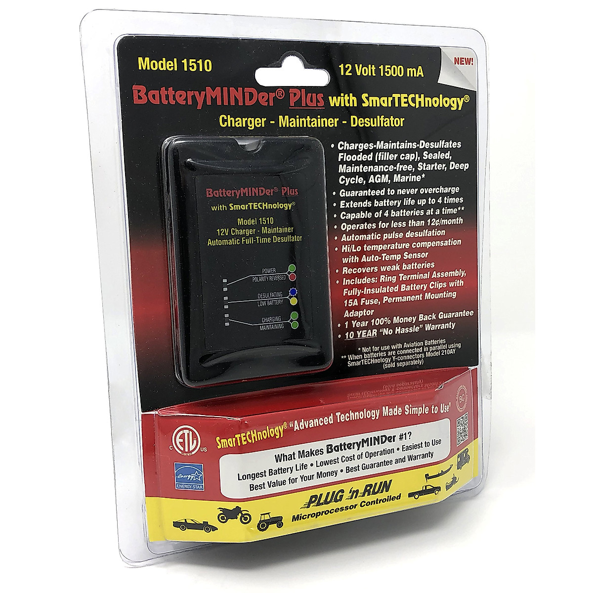 BatteryMINDer 1510: 12 Volt-1.5 Amp Battery Charger, Battery Maintainer, and Battery Desulfator – Designed for Cars, Trucks, Motorcycles, ATV, Boats, RV