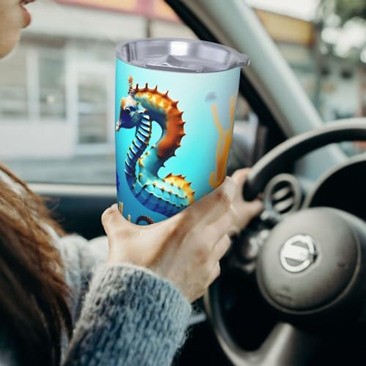 WXZYFP Car cup (single silver rim), can use a straw or drink directly, easy to use.Seabed coral seahorse