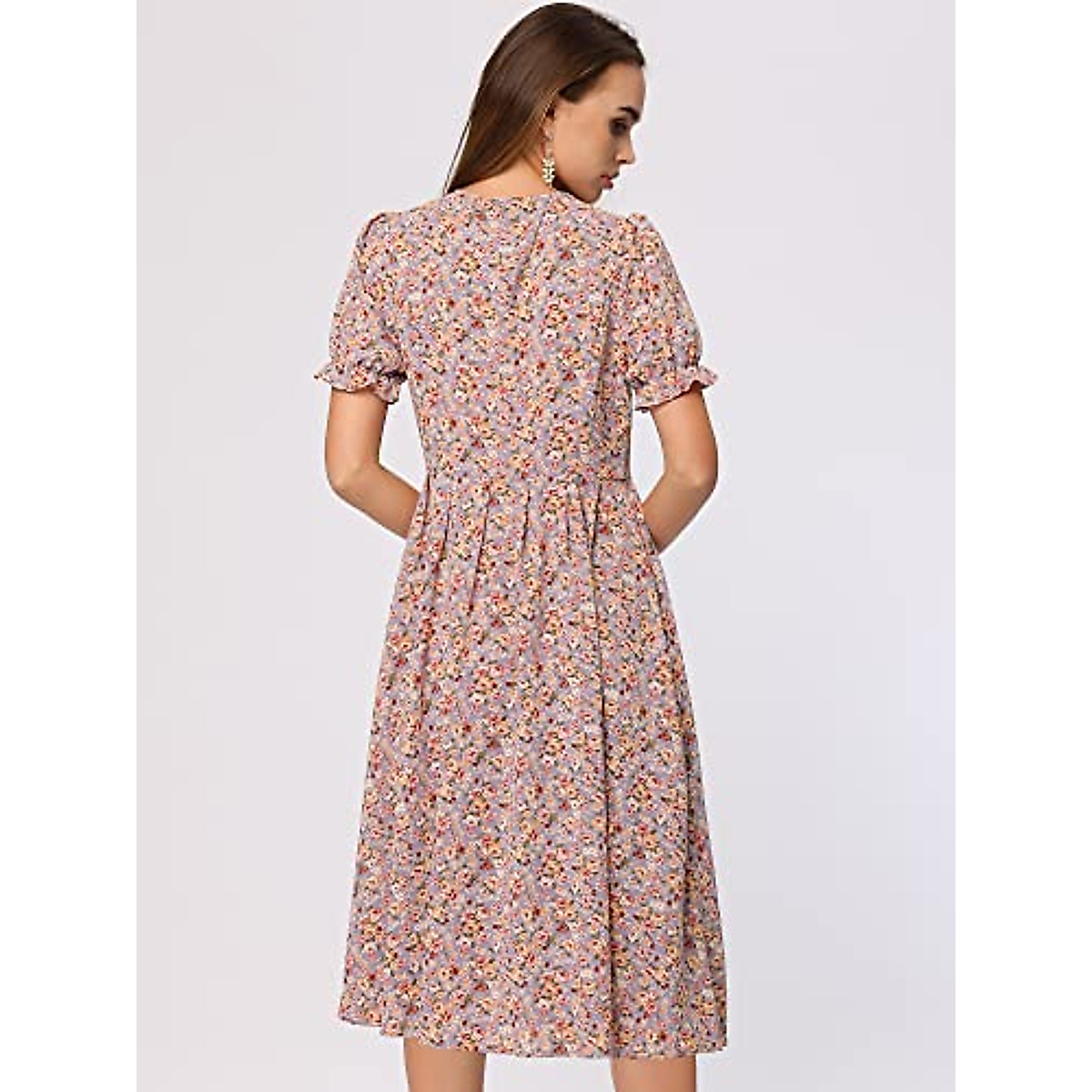 Allegra K Women's 2023 Floral Midi Dress Round Neck Ruffle Sleeve Button Down Shirtdress Large Purple