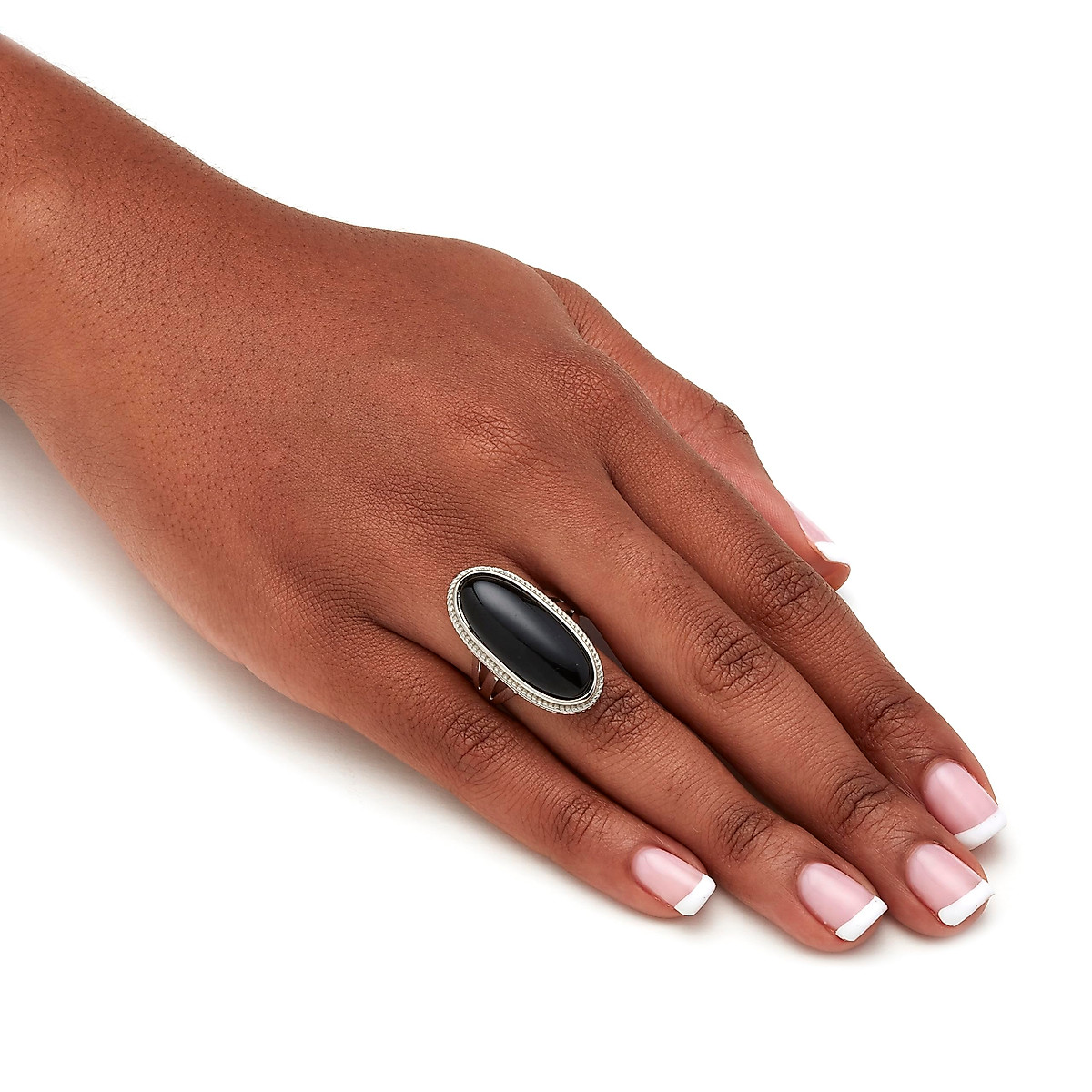 PalmBeach Sterling Silver Oval Shaped Natural Black Onyx Spllit Shank Ring Sizes 6-12 Size 10