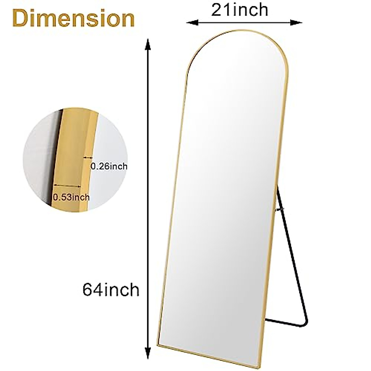 GLSLAND-21x64 inch Arched Full Length Mirror-Aluminum Alloy Frame High Definition-Full Body Mirror for Bedroom or Living Room