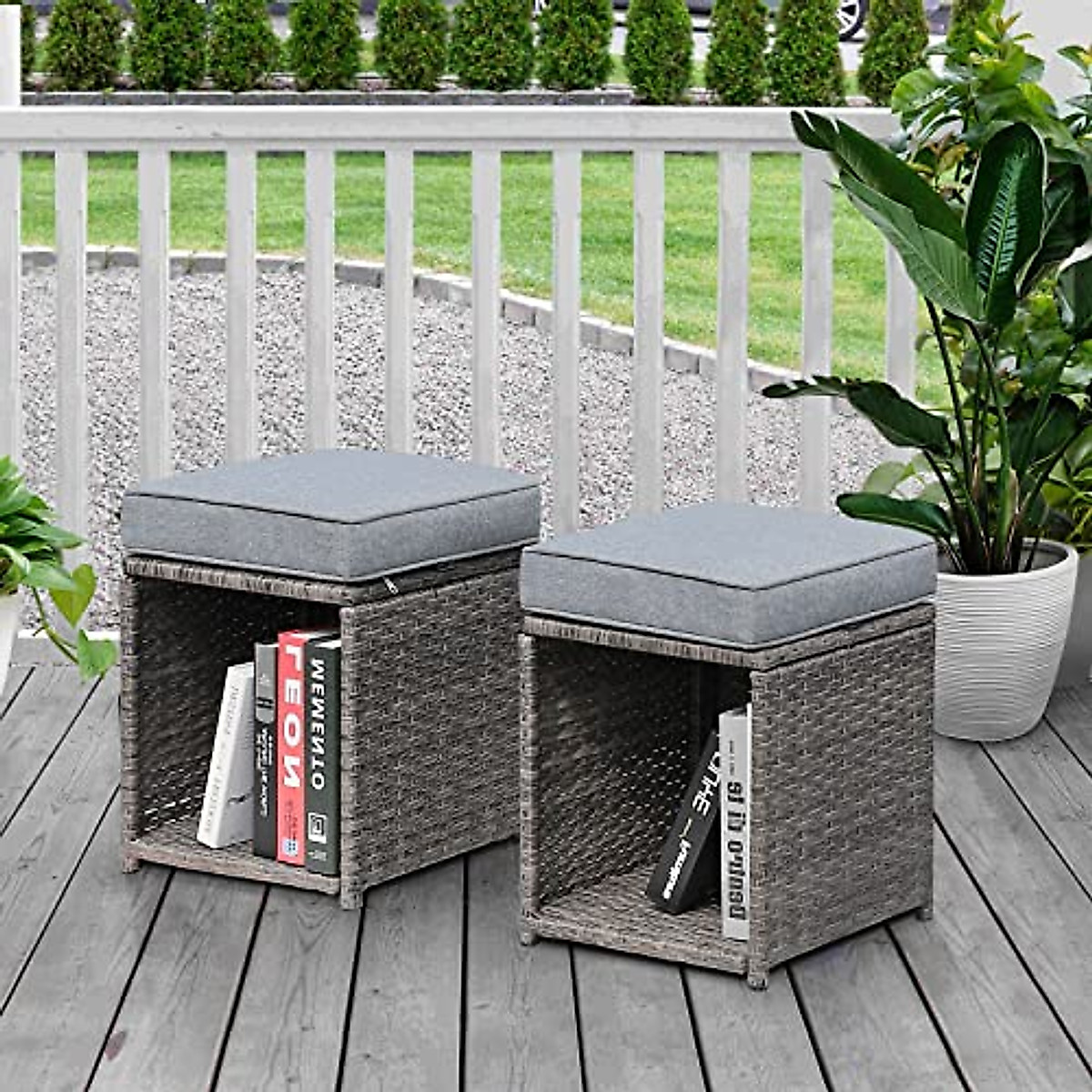 JOIVI 2 Pieces Outdoor Patio Ottoman, All Weather Rattan Wicker Ottoman Set, Outdoor Footstool Footrest Seat with Removable Cushions Storage Space, Grey