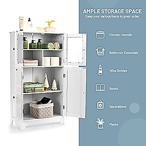 Tangkula Bathroom Floor Cabinet, Freestanding Storage Cabinet w/Glass Doors, Wooden Kitchen Cupboard w/Adjustable Shelf, Bathroom Storage Cabinet for Hallway Living Room Office (Cabinets, White)
