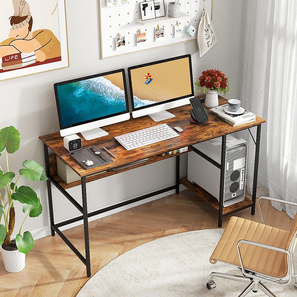 Tangkula 55 Inch Computer Desk with 4 Power Outlets & 2 USB Ports, Home Office Desk with Built in Charging Station with Switch, Computer Workstation Writing Study Desk with Storage Shelf & CPU Stand
