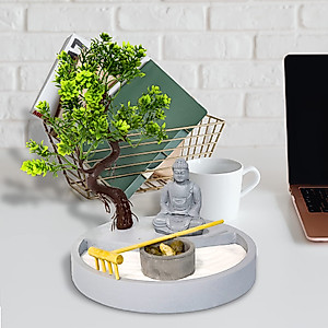 Round Shape, Zen Garden Tealight Candle Holder with a Mini Buddha Statue and a Bonsai Tree - A Perfect Japanese Art for Relaxation and Meditation - Free Your Mind with Our Mini Zen Garden Decor, Gray