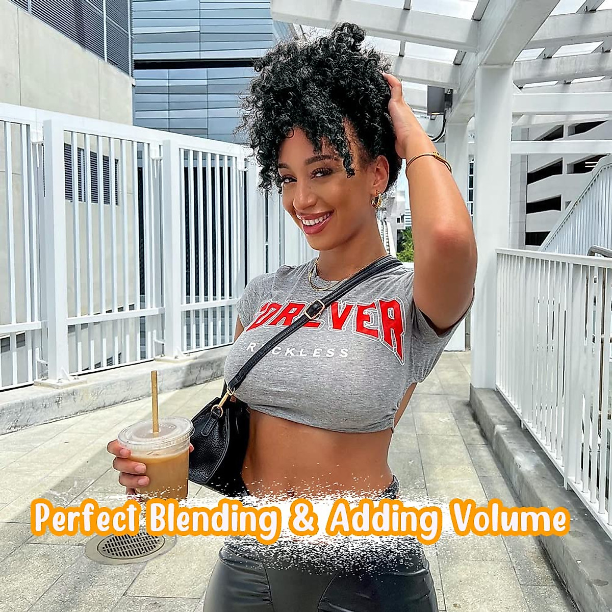 MODSIGHT Afro Puff Drawstring Ponytail with Bangs, Black Kinky Curly Ponytail Bun with Bangs Updo Hairpieces, Short Afro Puffs with Bang for Black Women (Natural Black 1B)