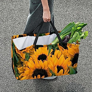 KQNZT Reusable Grocery Bags, Heavy Duty Reusable Shopping Bags, Large Tote Bags with Long Handles and Reinforced Bottom, Sunflower Bouquet