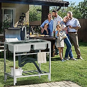 ADASTE Garage Sink Large Double Bowl Sink,Commercial Sink with Drainer Portable Sink with Hot and Cold Water，for Laundry, Backyard, Restaurant