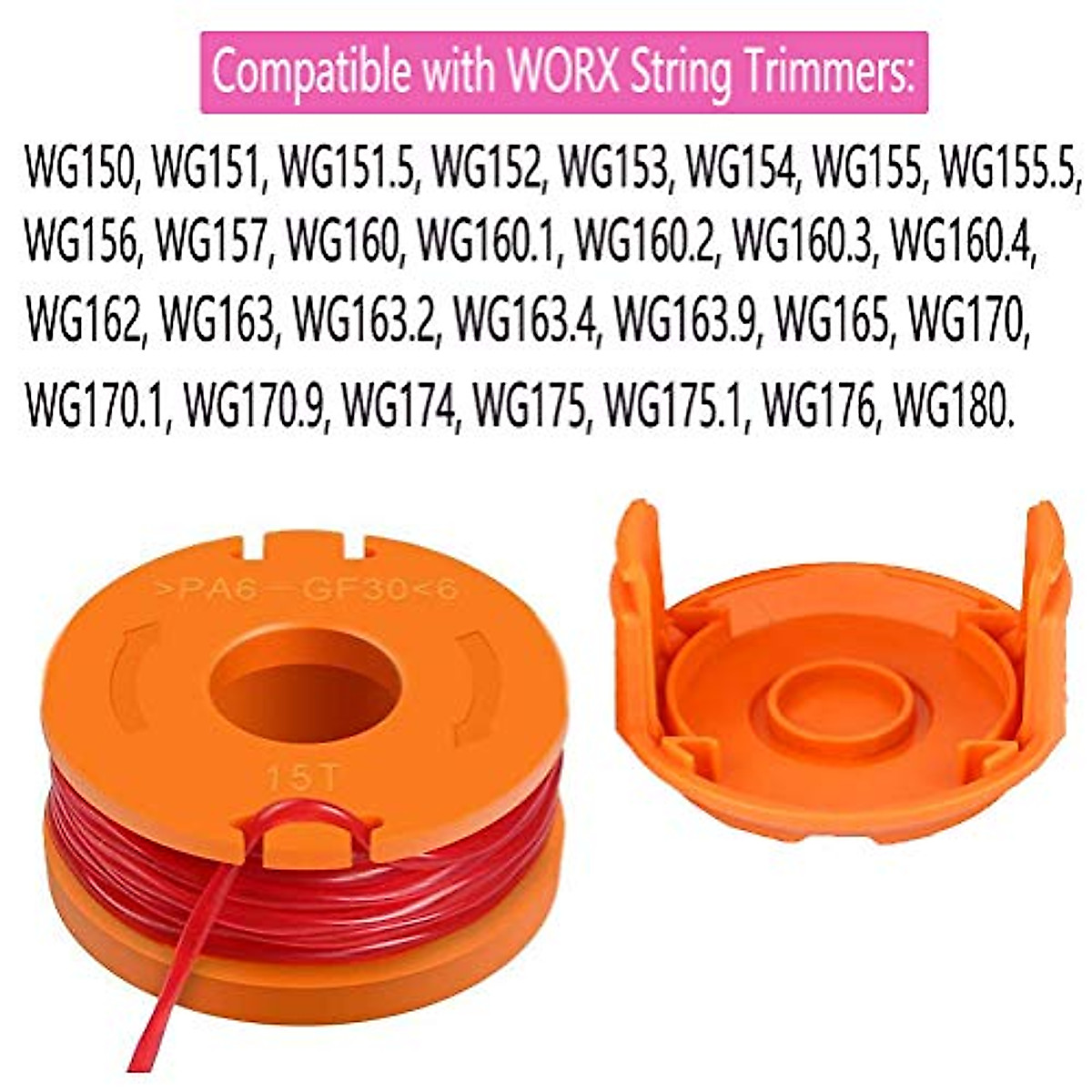 TOPEMAI WA0010 Replacement Trimmer Spool Line 0.065” for Worx WG154 WG163 WG160 WG180 WG175 WG155 WG151 String Trimmer Weed Eater (8 Spools, 2 Caps)