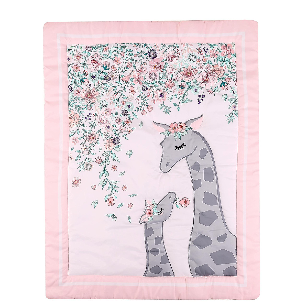 HUPO 4 PC Crib Bedding Set for Girls, Pink Nursery Crib Bedding Set GiraffeBlush Pink Flower, Crib Sets Including Crib Skirt, Crib Quilt, Crib Sheet and Diaper Stacker, Deer-pink