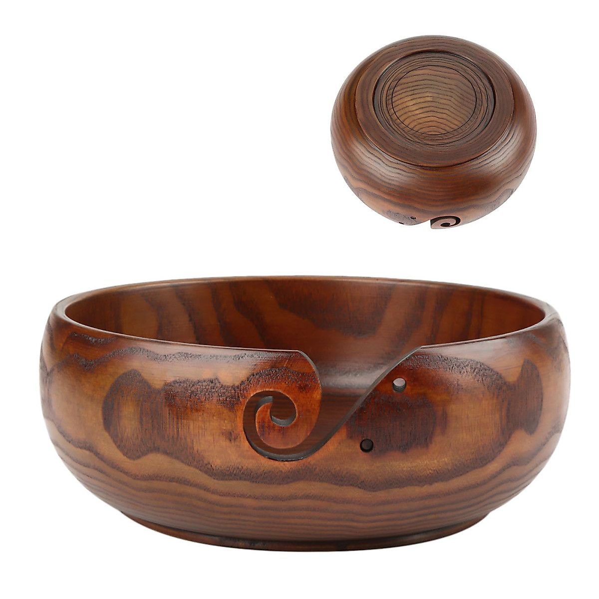 Wooden Yarn Bowl, Handmade Natural Wood Craft Knitting Yarn Bowls with Holes Storage Gift for Knitting and Crocheting (7.1 x 2.8 inch)