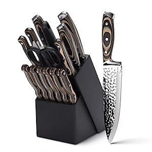 Knife Set,15 Pieces Kitchen Knife Set with Wooden Block,High Carbon Japanese Stainless Steel Knife Block Set,Ultra Sharp, Full-Tang Design ,Irregular Hammer Pattern