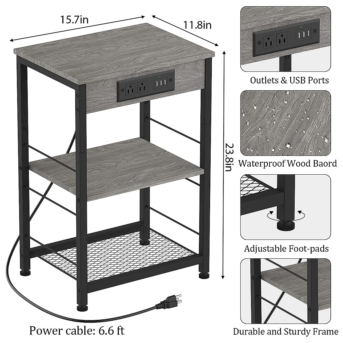 Nightstand with Charging Station, 3 Tier Side End Table with USB Ports and Outlets, Side Table Living Room with Storage shelf Modern Bedside Tables with USB for Bedroom Study, Dark Gray and Black