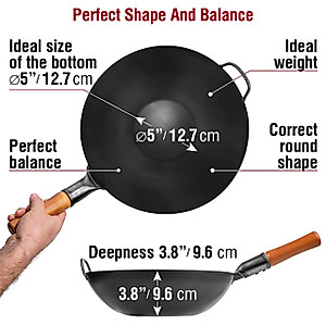 YOSUKATA Carbon Steel Wok Pan – 13,5 “ Stir Fry Pans - Chinese Wok with Flat Bottom Pow + Wok Lid 12.8 Inch + Reusable Natural Wooden Long Cooking Chopsticks Set of 3 pairs 11.8 inch, 13-inch, 14.2 in