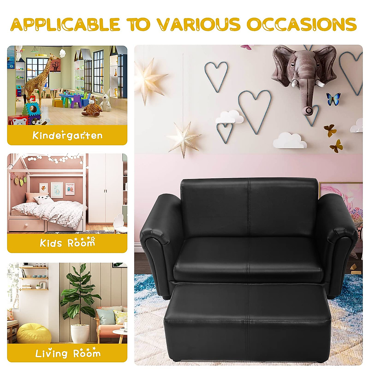 ARLIME Kids Sofa with Footstool, 2 Seat Armrest Children Sofa, Upholstered Couch Chair w/Wood Construction & Backrest, Lounge Set for Preschool Kids, Toddlers, Kid Furniture Set with Ottoman