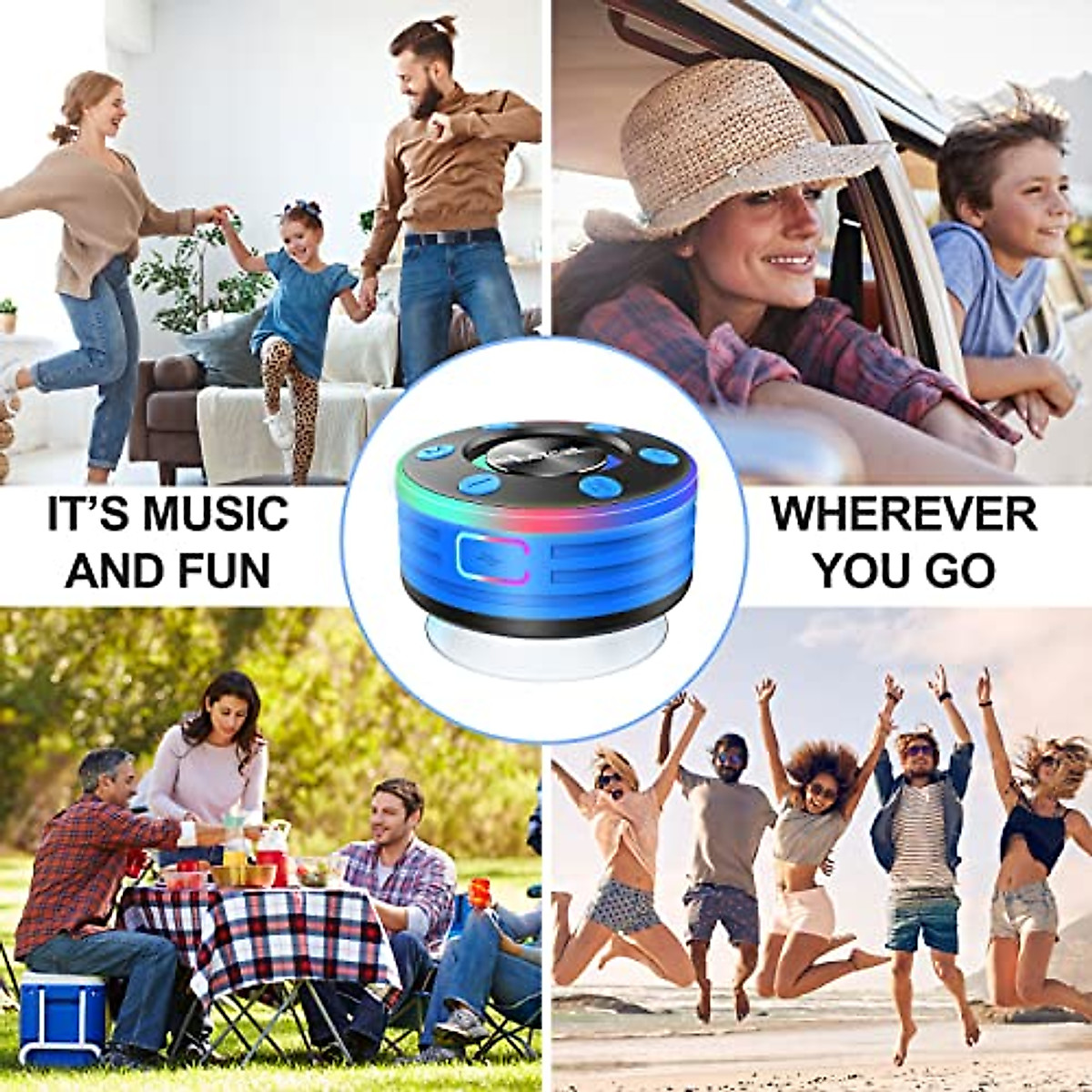 Bluetooth Shower Speakers, Portable Wireless Outdoor Speaker with HD Sound, Bluetooth Speaker with 8H Playtime, FM Radio, Handsfree LED Light Show with Suction Cup, IPX7 Waterproof for Travel/Party