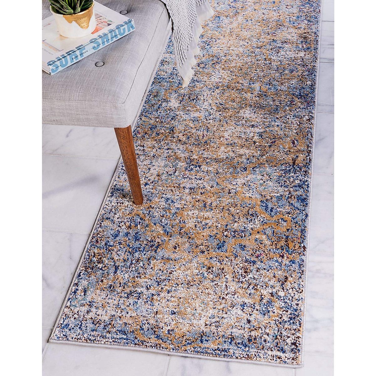 Unique Loom Augustus Collection Rustic Traditional, Bohemian Area Rug, 2' 7" x 12' 2", Tan/Blue