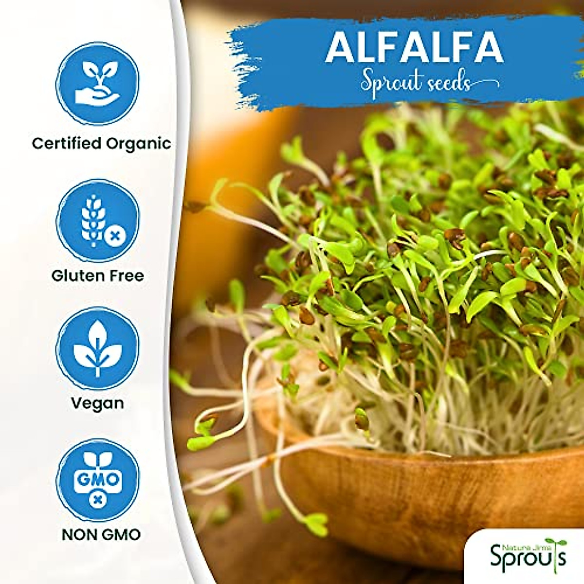 Nature Jims Alfalfa Sprout Seeds – 16 Oz Organic Sprouting Seeds – Non-GMO Premium Alfalfa Seeds – Resealable Bag for Longer Freshness – Rich in Vitamins, Minerals, Fiber