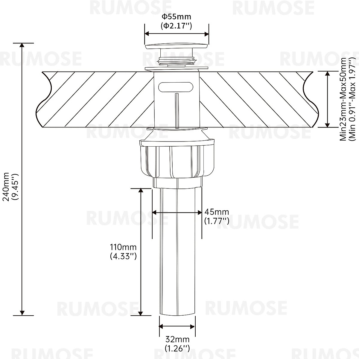 RUMOSE Bathroom Sink Drain with Overflow, Matte Black Pop Up Drain Stopper Lavatory Vanity Vessel Sink Drain, Fits Standard Drain Hole Anti Clog Plastic Pop-up Sink Drain Stopper