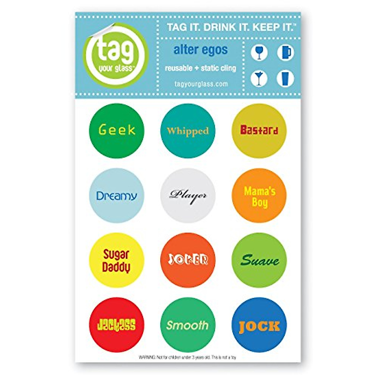 Alter Ego (2-pack) - Champagne, Beer & Wine Glass Charms - Static Cling. Unique, Reusable Wine Charms, Stemless Wine Glass Charms for Birthday, Wedding, Thanksgiving, Christmas Party Accessory