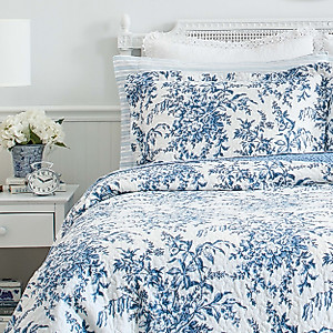 Laura Ashley - King Quilt Set, Reversible Cotton Bedding with Matching Shams, Home Decor for All Seasons (Bedford Delft Blue, King)