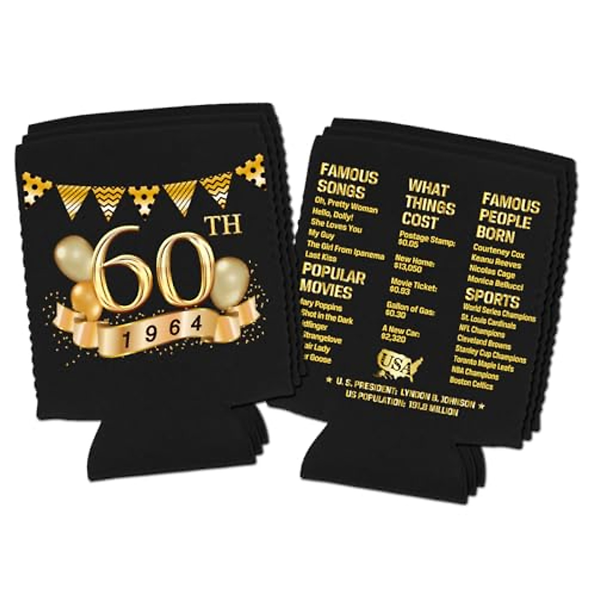 60th Birthday Can Cooler Sleeves Pack of 12-1964 Sign -60th Anniversary Decorations - Dirty 60th Birthday Party Supplies - Black and Gold Sixtieth Birthday Cup Coolers