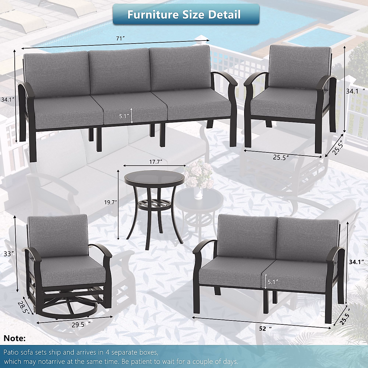 RTDTD Aluminum Patio Furniture Set, 9 Seats Outdoor Patio Conversation Set with Swivel Chair Modern Metal Patio Sectional Sofa with Upgrade Cushions for Patio, Backyard Grey