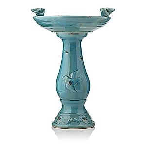 Alpine Corporation TLR102TUR Alpine Pedestal Bath with 2 Figurines-Turquoise Antique Ceramic Birdbath with Birds, 24 Inch Tall, 19" L x 16" W x 25" H
