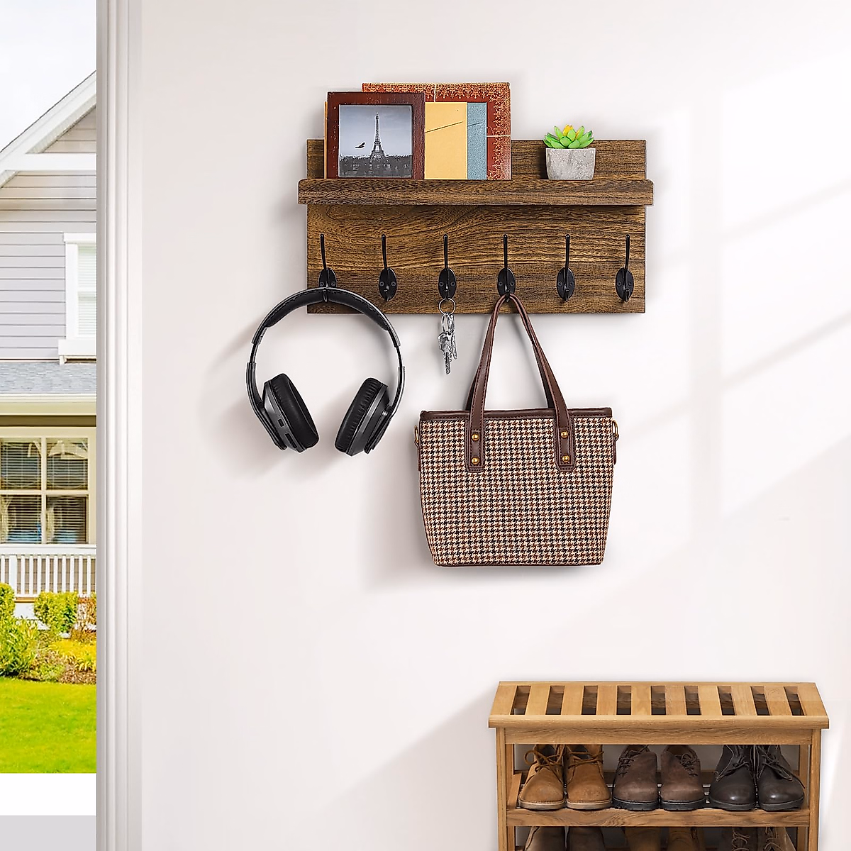 HRONRAD Shelf with Hooks, Coat Rack Wall Mount with 6 Double Metal Hooks, 17 Inch Farmhouse Wall Hooks with Shelf, for Entryway, Bathroom, Kitchen, Rustic Brown