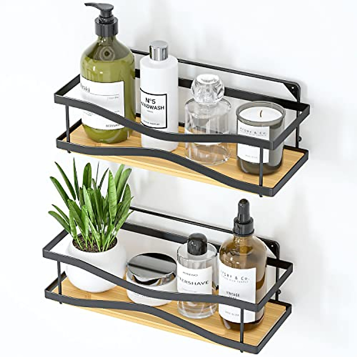 DatMou Floating Shelves Wall for Inside Kitchen, Bedroom, Living Room, Bathroom Storage and Decor, Wall Mounted Shelf with Metal Guardrail and Hooks, 2pcs